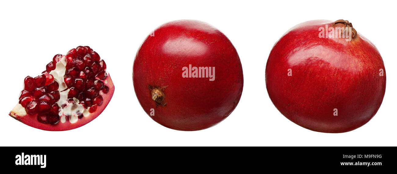 Section and whole fresh pomegranate fruit at different angles isolated ...