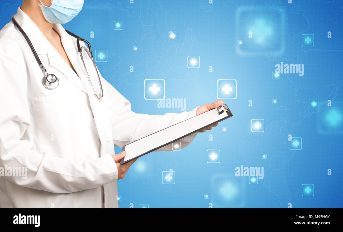 Female doctor holding notepad with blue background and crosses Stock ...
