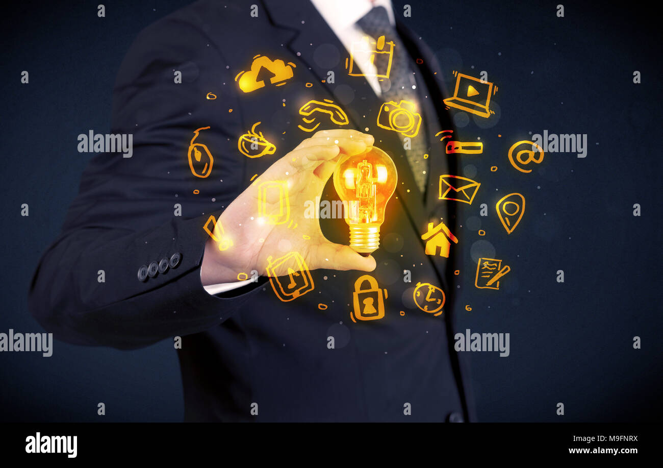 An office salesman promoting his bright ideas concept with illustration ...
