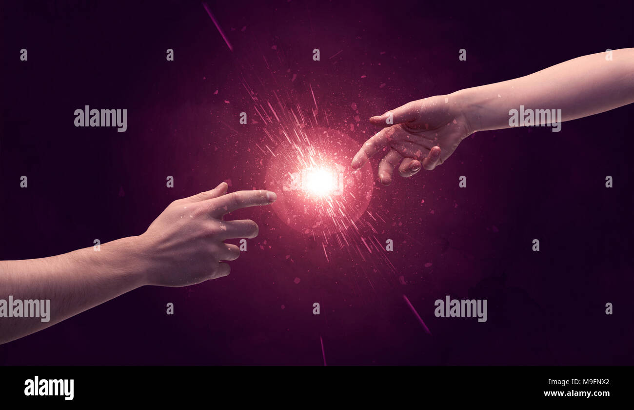 White caucasian male hands reaching out with fingers almost touching in ...