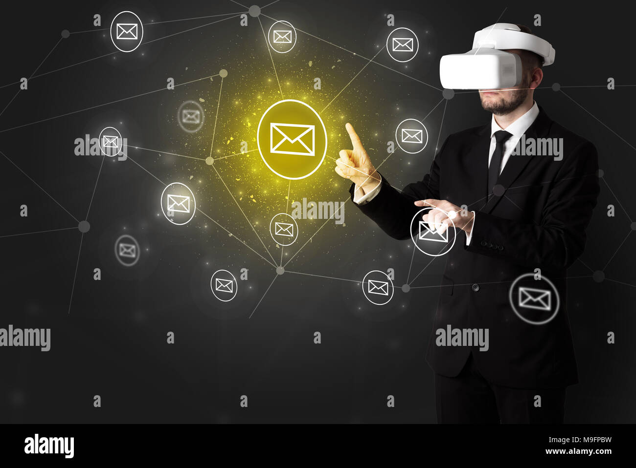 Young businessman in virtual reality glasses organize online network ...