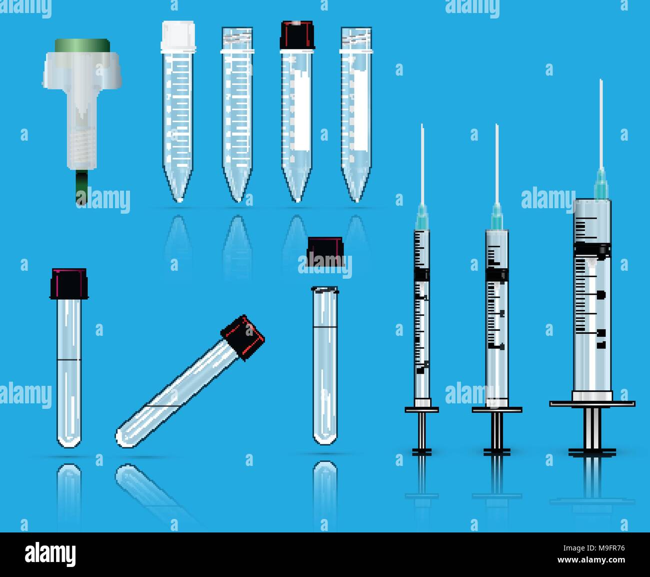 Word DIABETES with insulin syringe,lancet, vials isolated blue ...