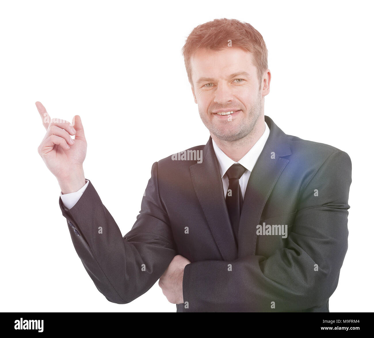 smiling businessman pointing copy space.isolated on a white background ...