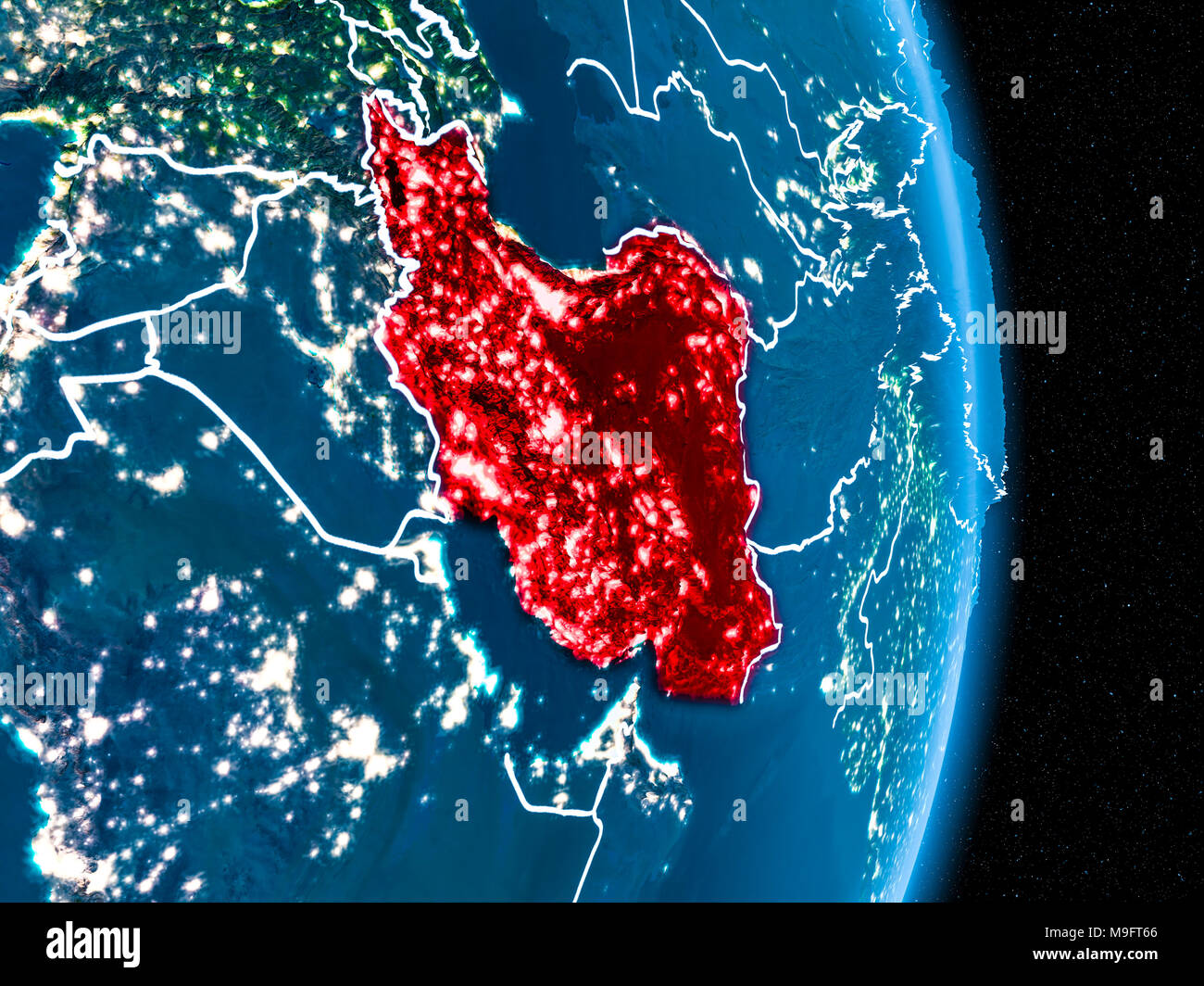 Iran from orbit of planet Earth at night with visible borderlines and city lights. 3D ...