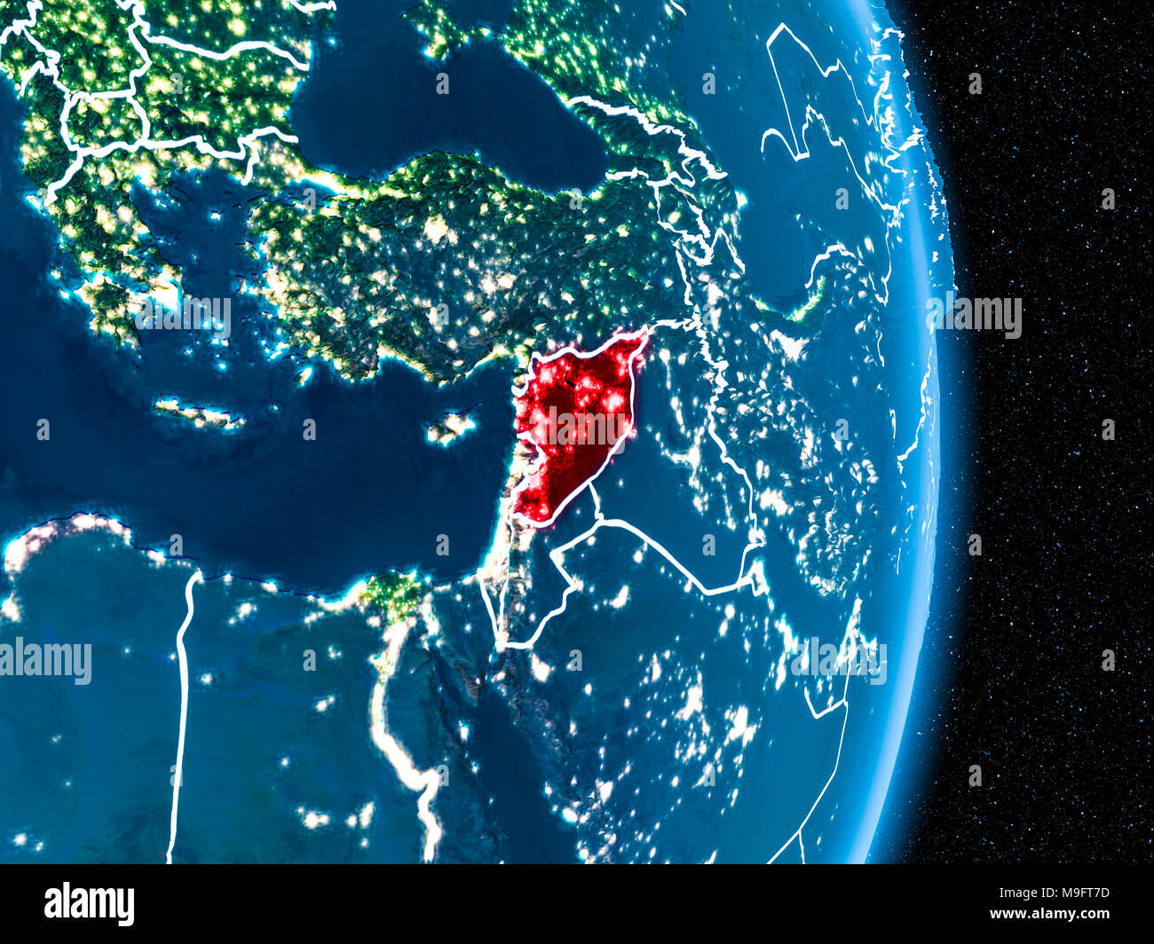 Syria from orbit of planet Earth at night with visible borderlines and ...