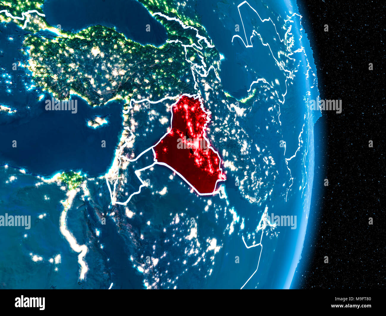 Iraq from orbit of planet Earth at night with visible borderlines and ...