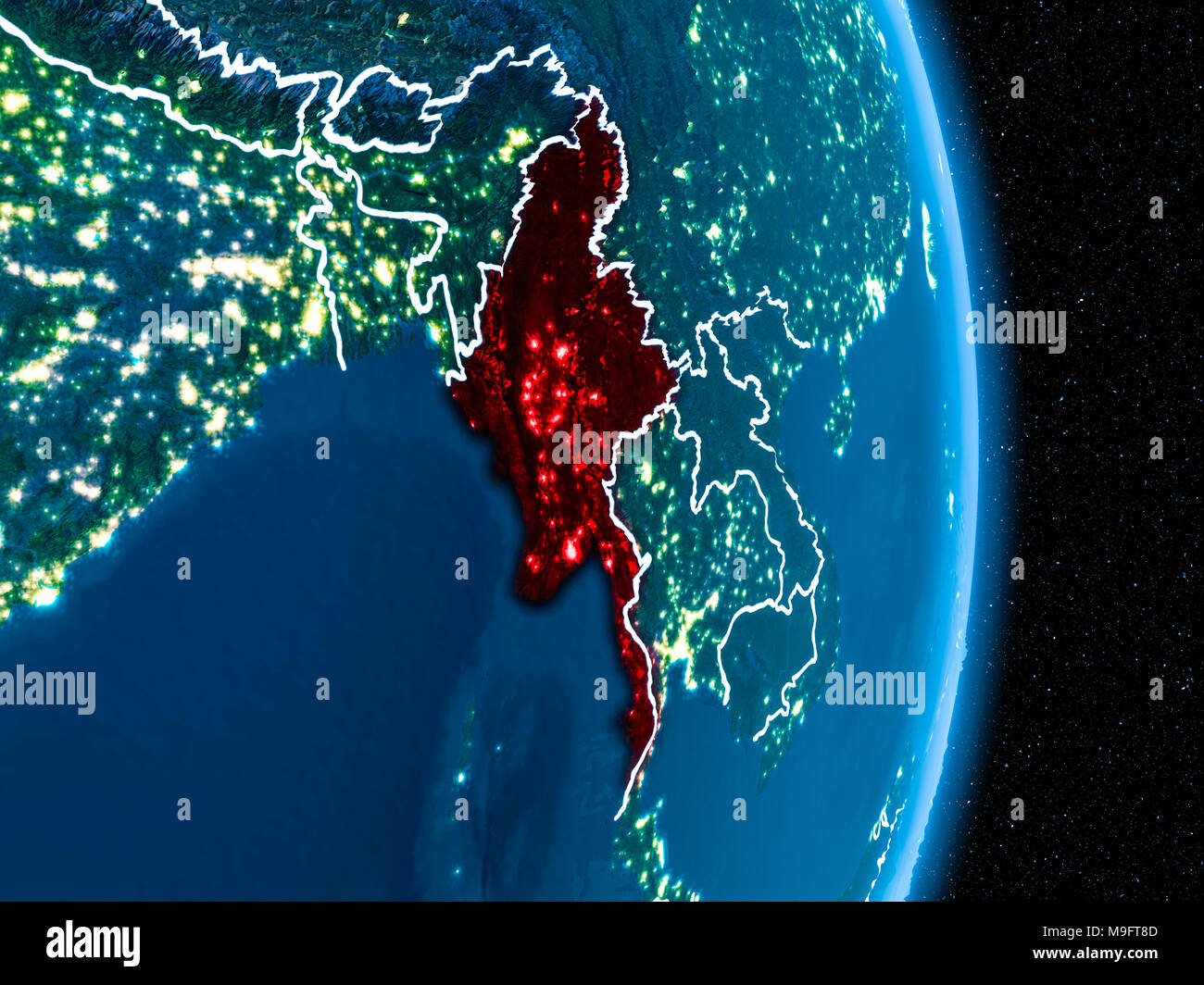 Myanmar from orbit of planet Earth at night with visible borderlines ...