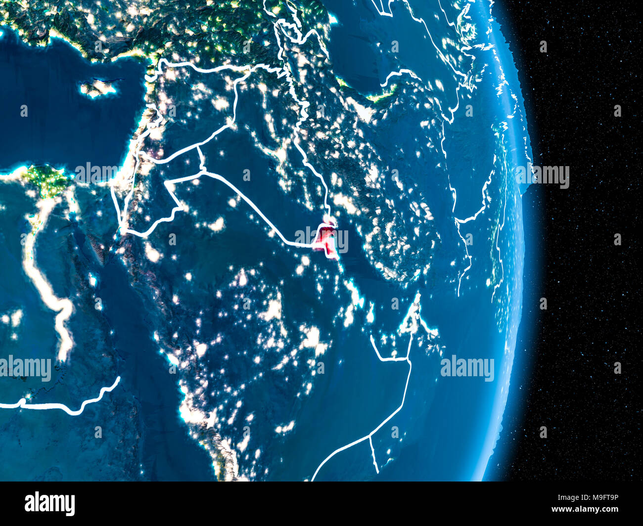 Kuwait from orbit of planet Earth at night with visible borderlines and city lights. 3D ...