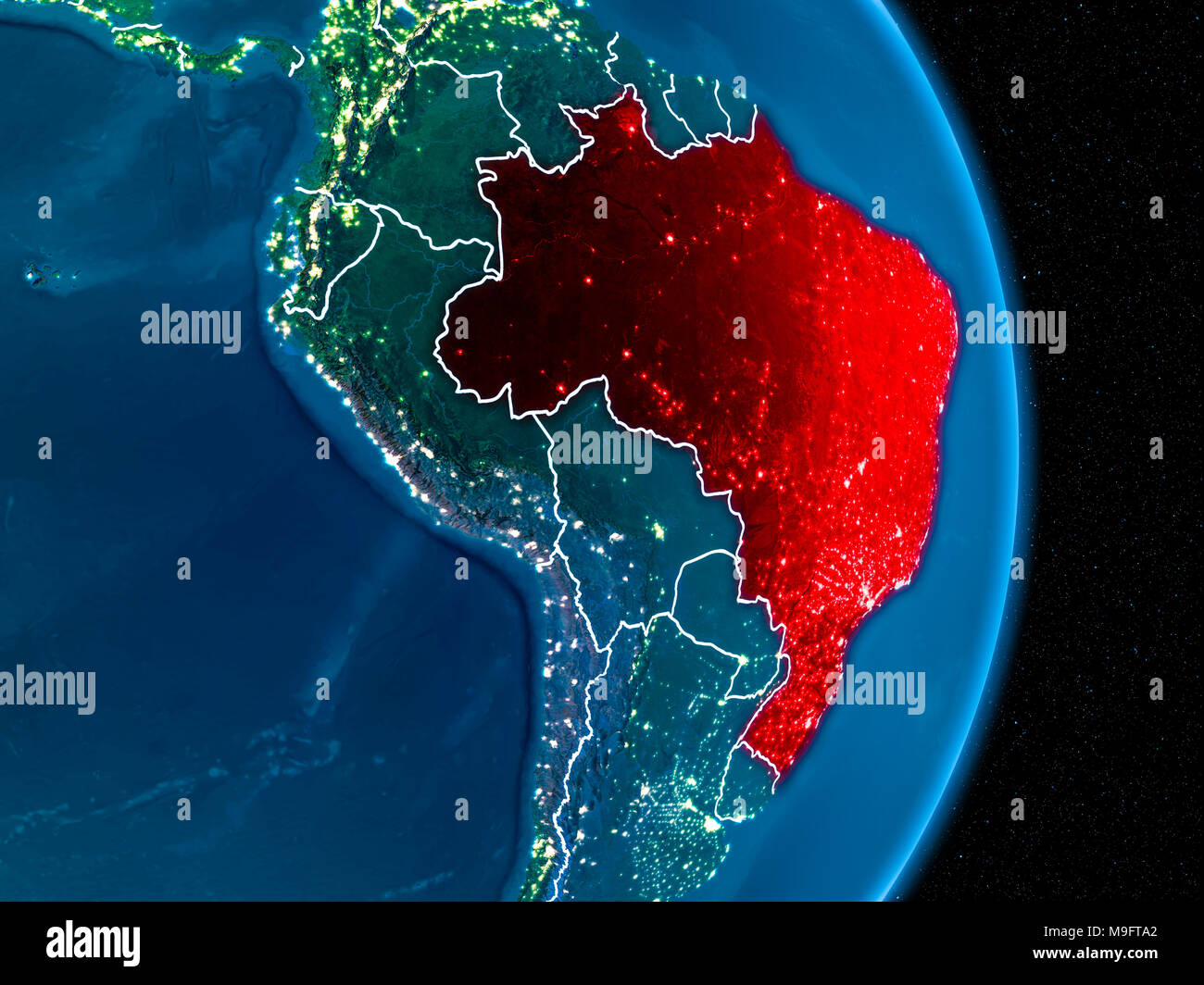 Brazil from orbit of planet Earth at night with visible borderlines and city lights. 3D ...