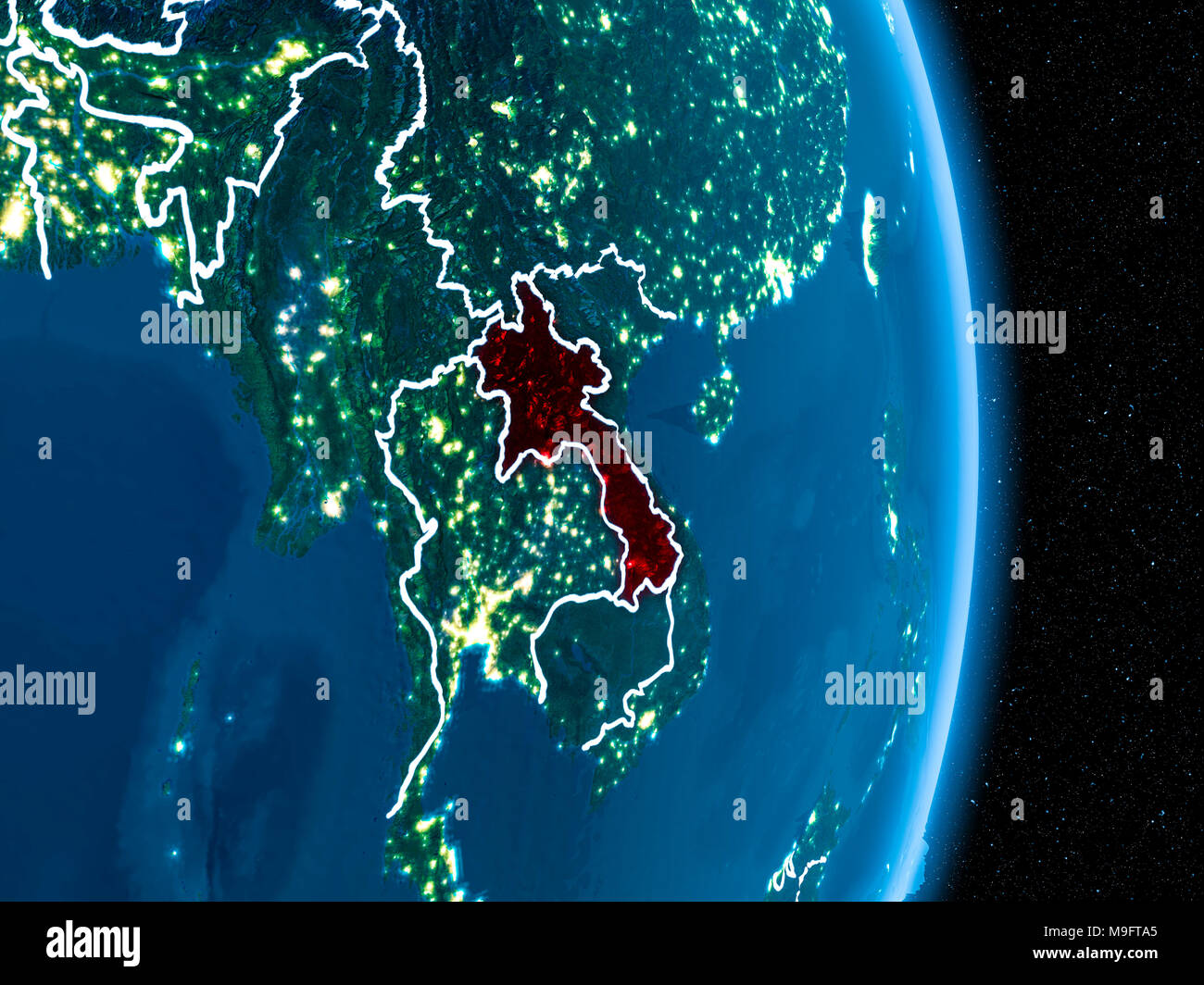 Laos from orbit of planet Earth at night with visible borderlines and ...