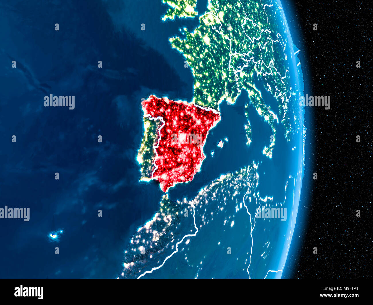 Spain from orbit of planet Earth at night with visible borderlines and ...