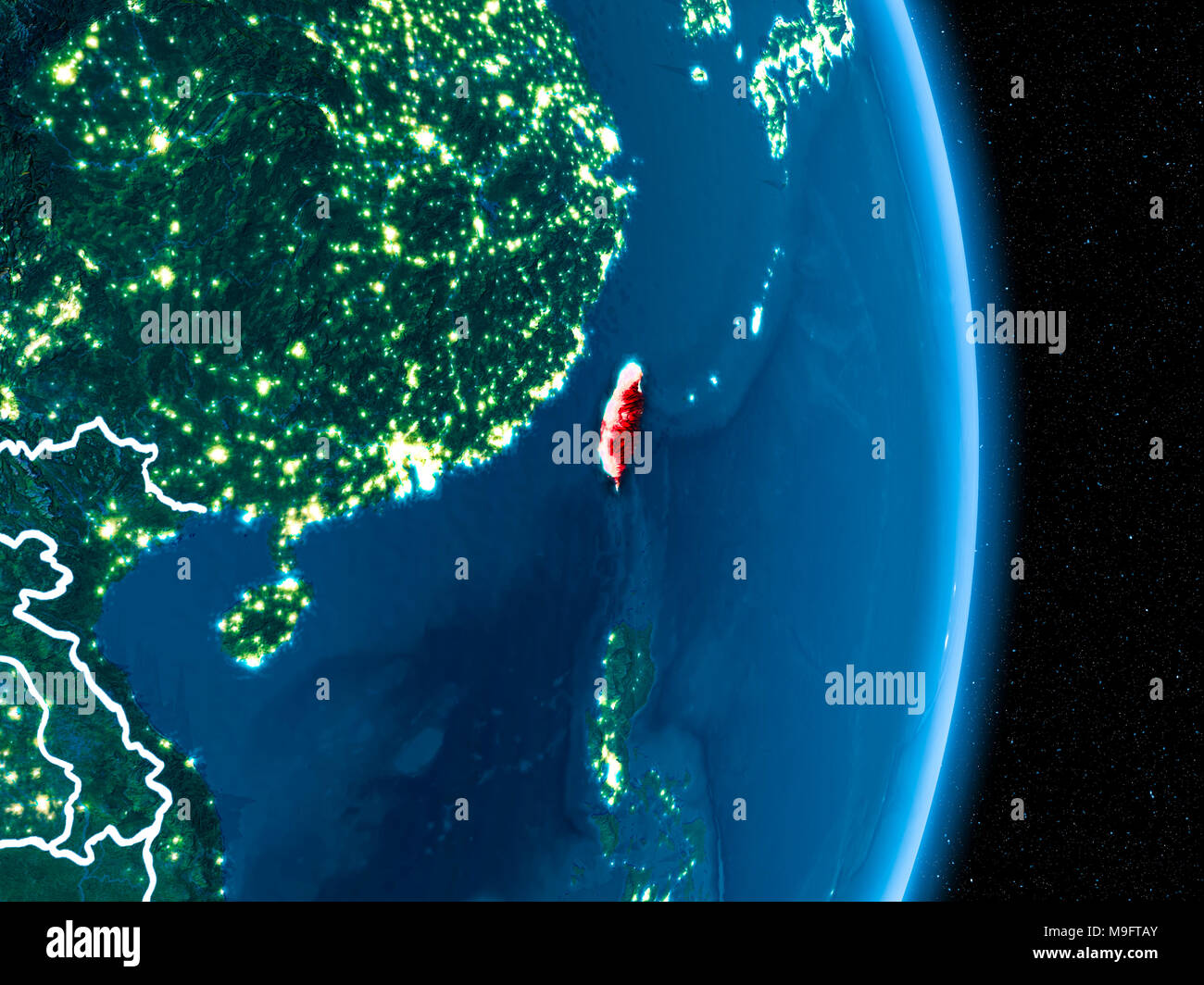 Taiwan from orbit of planet Earth at night with visible borderlines and ...