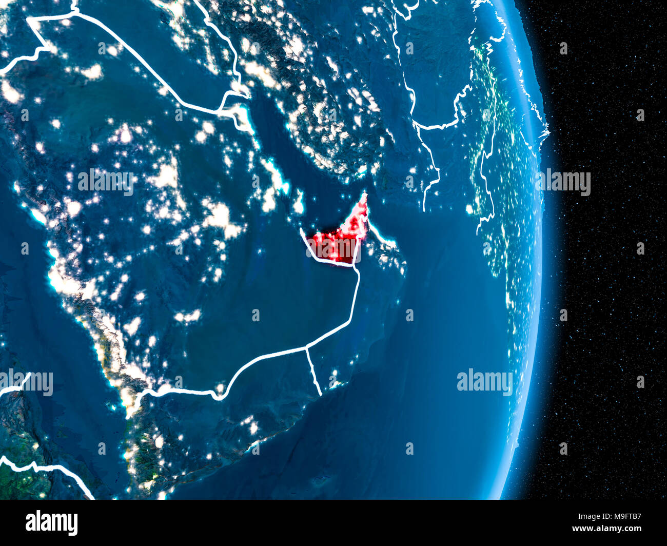United Arab Emirates from orbit of planet Earth at night with visible ...