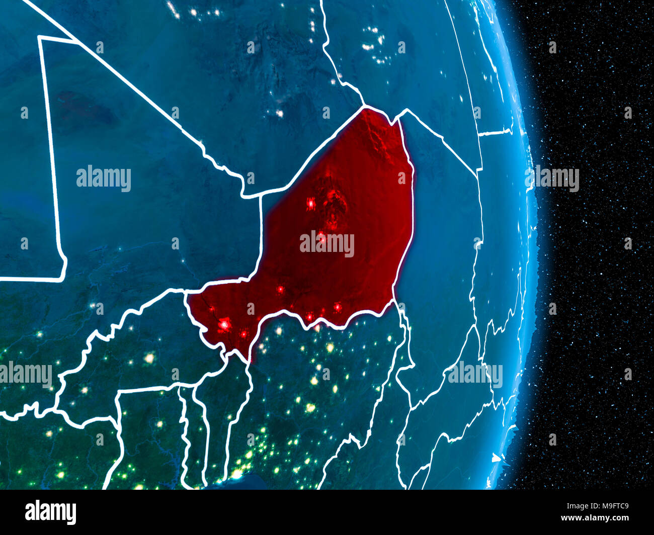 Niger from orbit of planet Earth at night with visible borderlines and ...