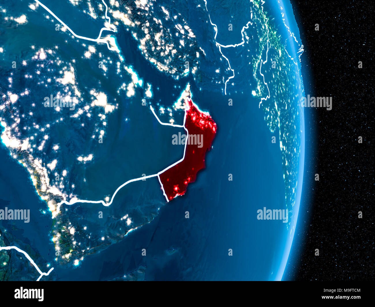 Oman from orbit of planet Earth at night with visible borderlines and ...