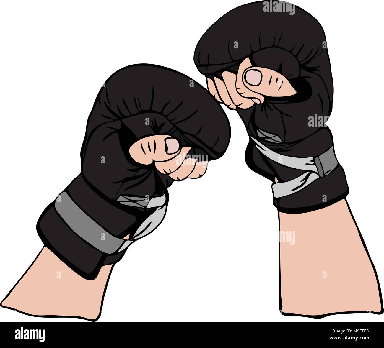 pair of male hands in leather black retro boxing gloves painted by hand ...