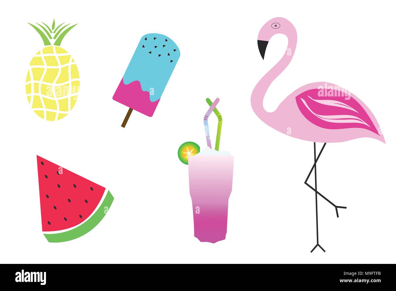 summer illustration set - flamingo, cocktail, watermelon, ice cream ...