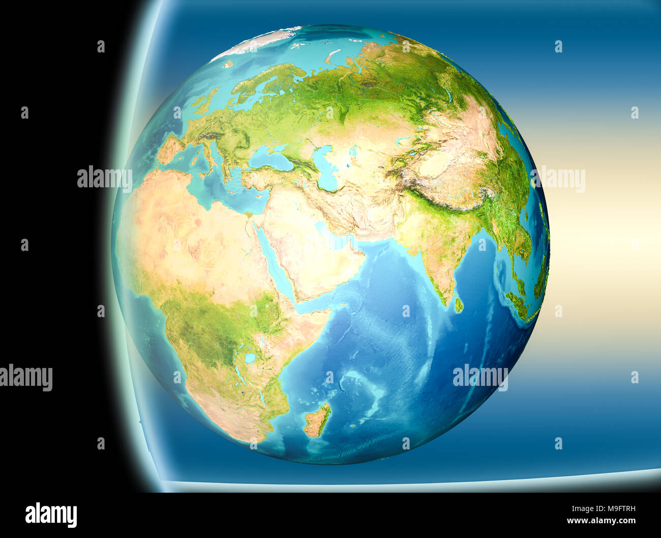 Illustration of Qatar as seen from Earth’s orbit in late evening. 3D ...