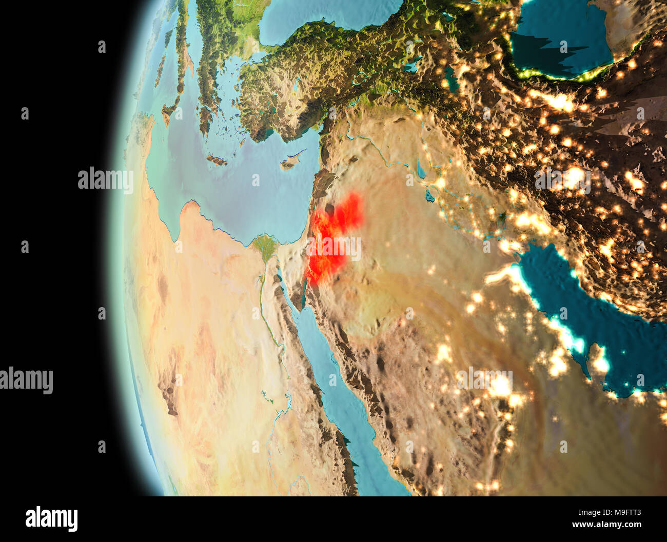 Illustration of Jordan as seen from Earth’s orbit in late evening. 3D ...