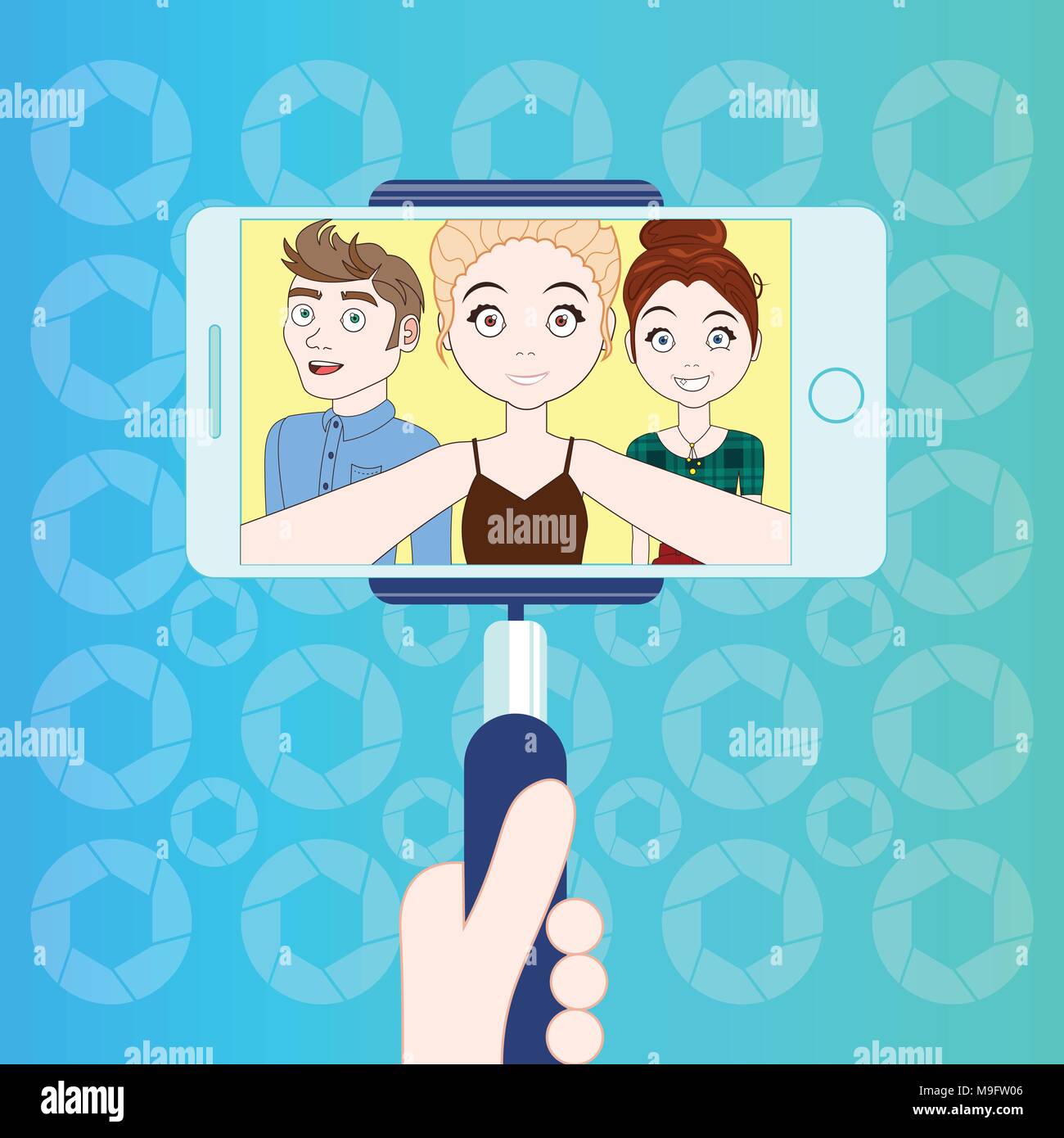 Group Of Young People Taking Selfie With Smart Phone And Stick Together ...