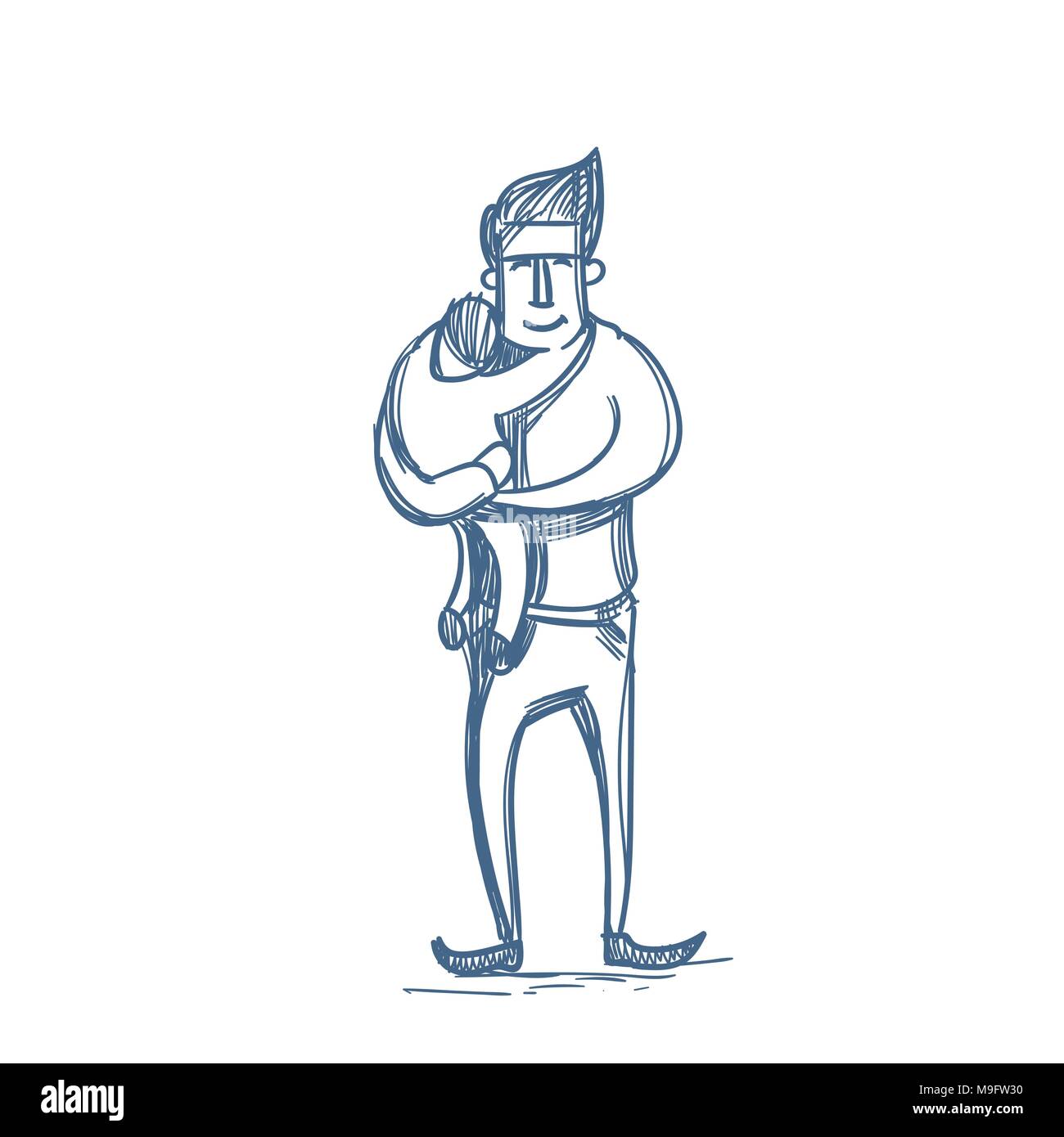 Dad Embracing Kid Parent Hold Son Or Daughter Doodle On White ...