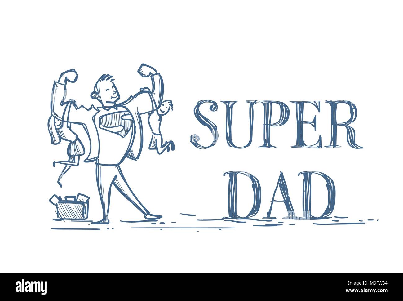 Super Dad Holding Kids Son And Daughter Doodle On White Background ...