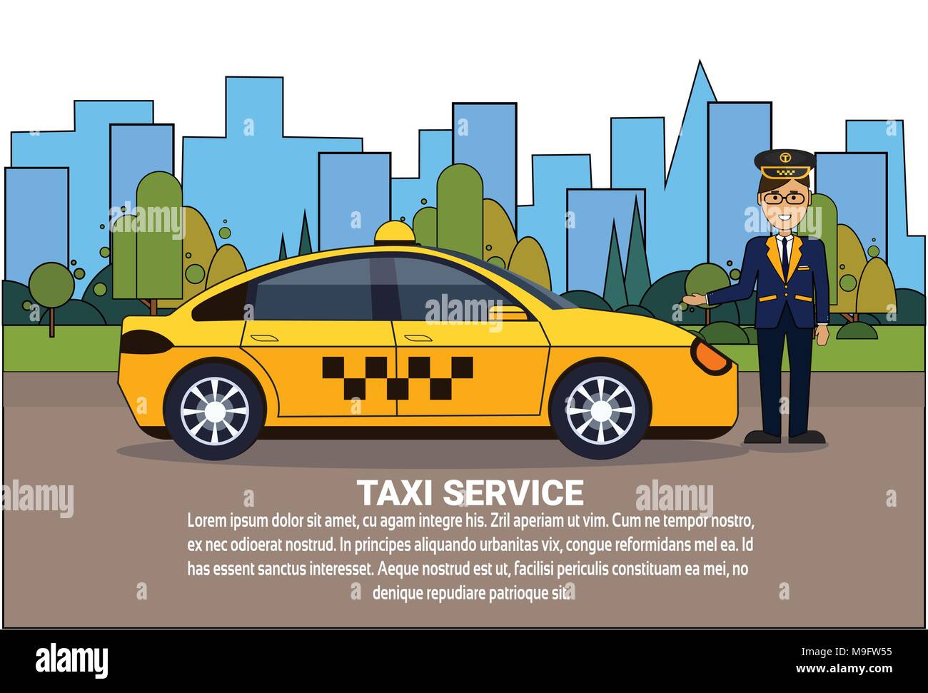 Taxi Driver Standing At Yellow Automobile Over Silhouette City ...