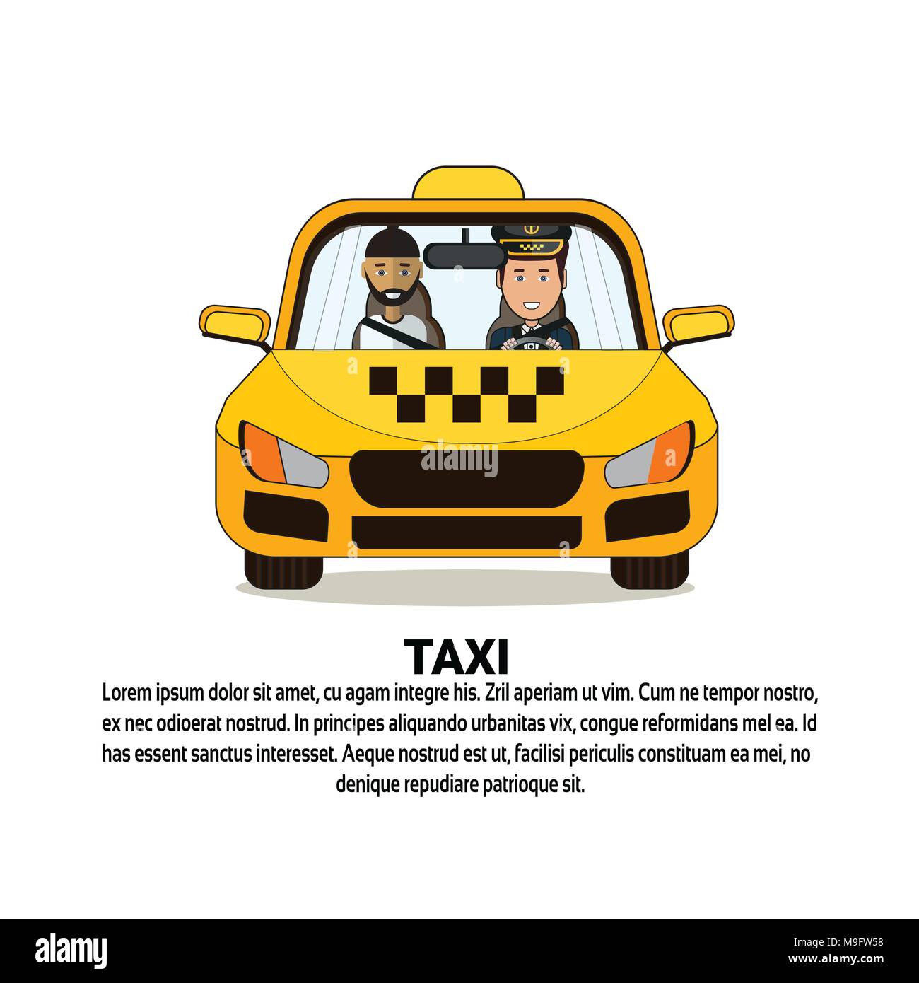 Taxi Service Banner With Driver And Male Passenger In Yellow Car Cab ...