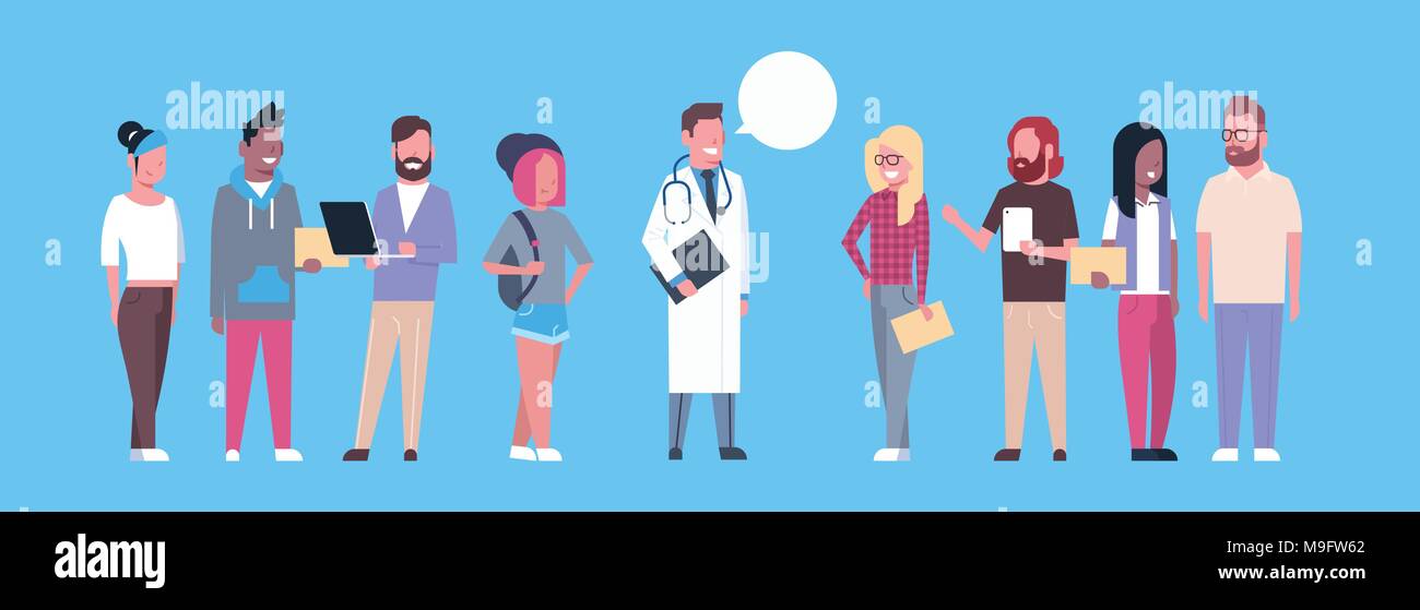 Medical Doctor With Group Of People Patients On Blue Background ...