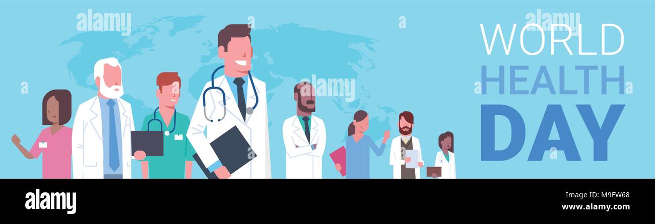 World Health Day Poster With Team Of Medical Doctors Over World Map ...