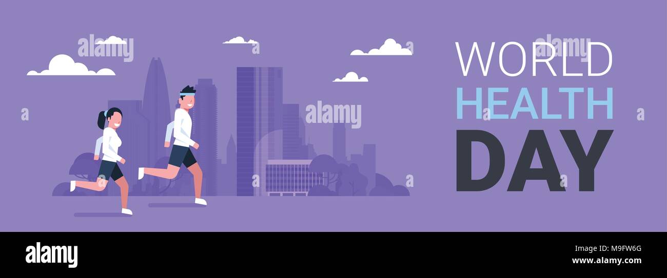 World Health Day Poster With Couple Jogging Over Silhouette City ...