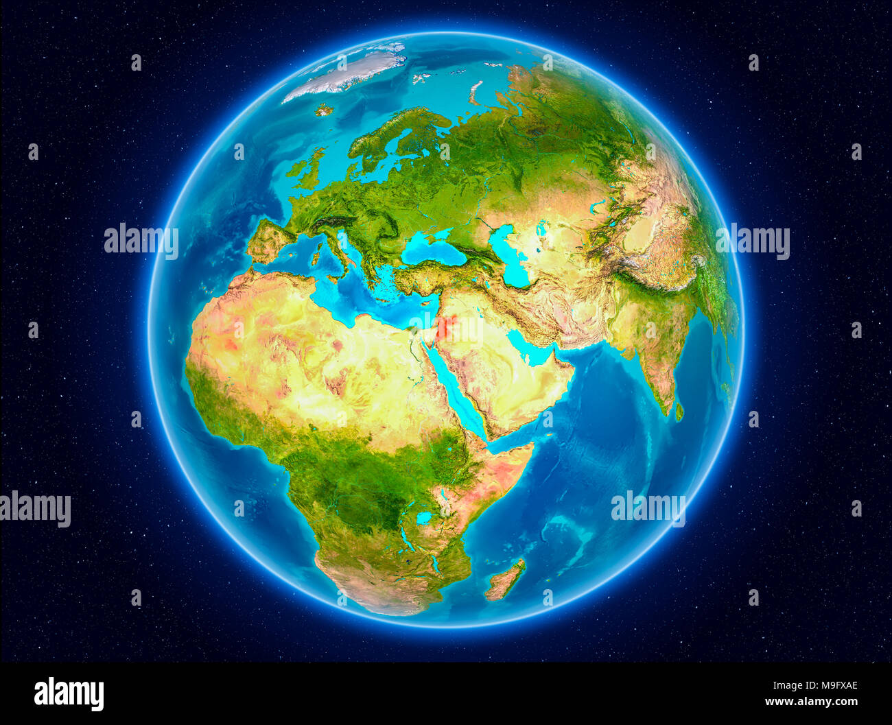 Jordan in red from Earth’s orbit. 3D illustration. Elements of this ...