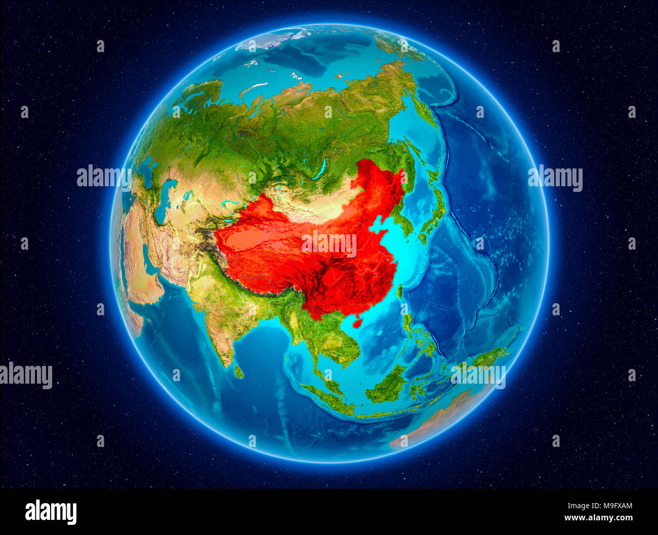 China in red from Earth’s orbit. 3D illustration. Elements of this ...