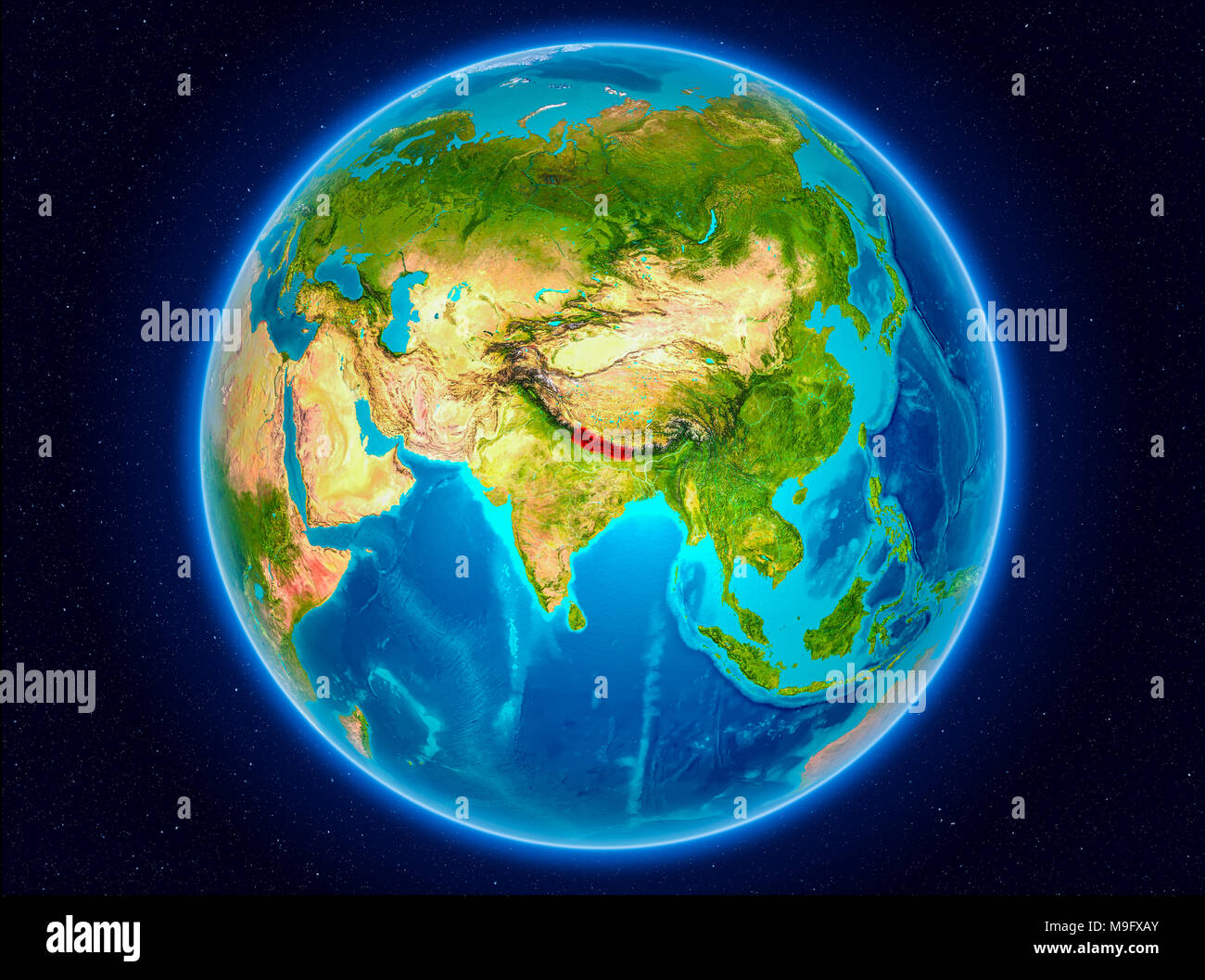 Nepal in red from Earth’s orbit. 3D illustration. Elements of this ...