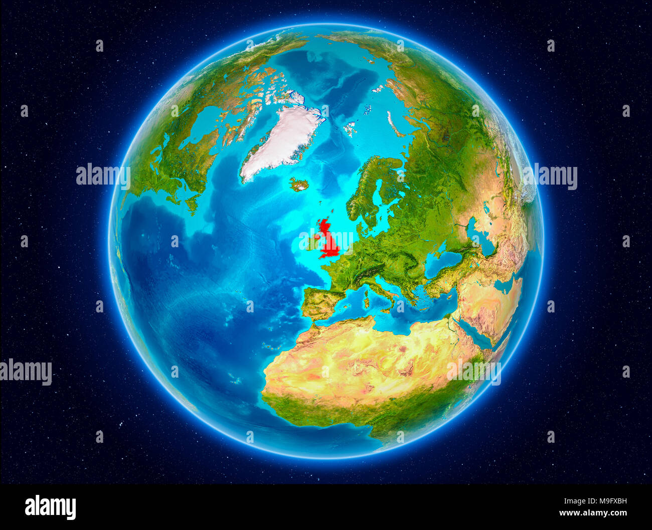 United Kingdom in red from Earth’s orbit. 3D illustration. Elements of ...