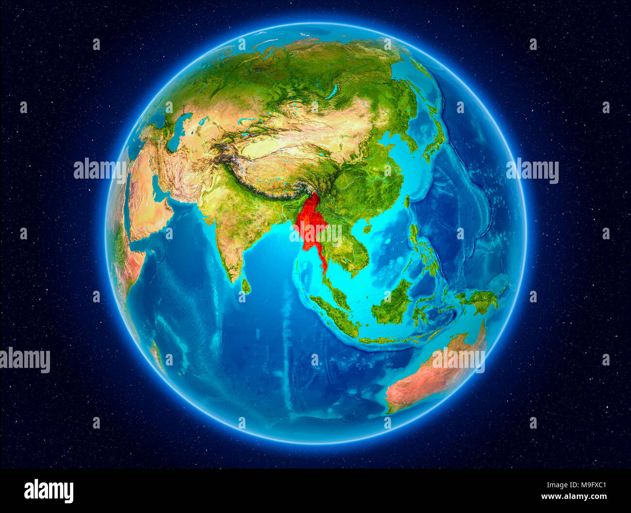 Myanmar in red from Earth’s orbit. 3D illustration. Elements of this ...