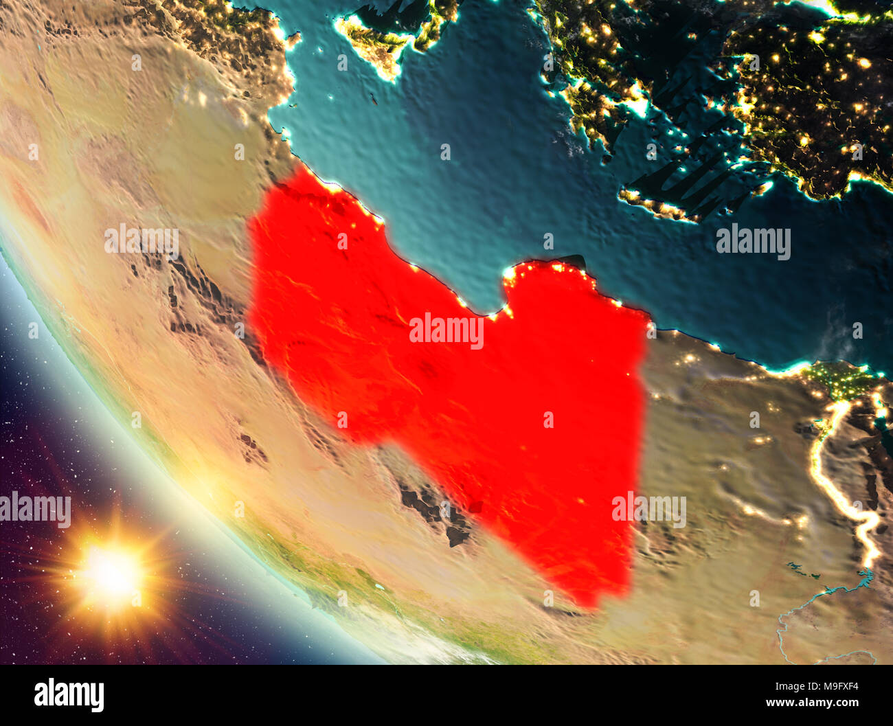 Libya during sunset highlighted in red on planet Earth with clouds. 3D ...