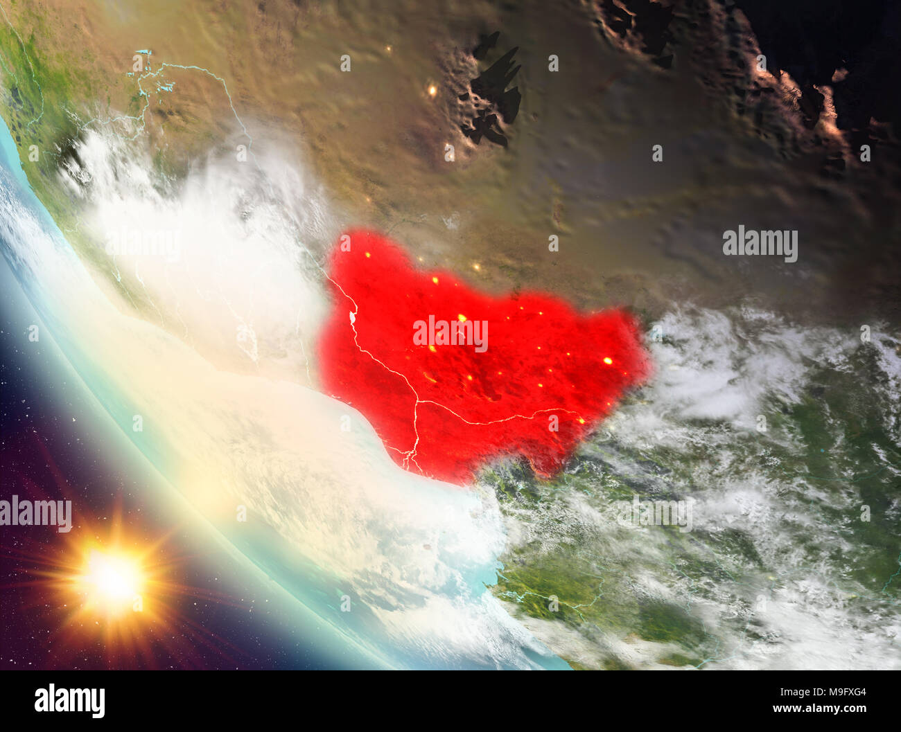Nigeria during sunset highlighted in red on planet Earth with clouds ...