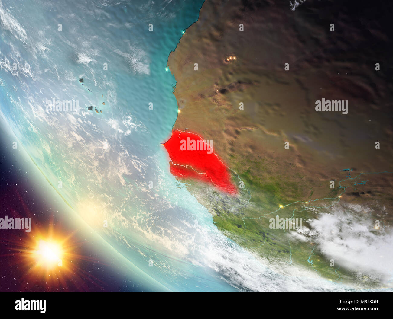 Senegal during sunset highlighted in red on planet Earth with clouds ...