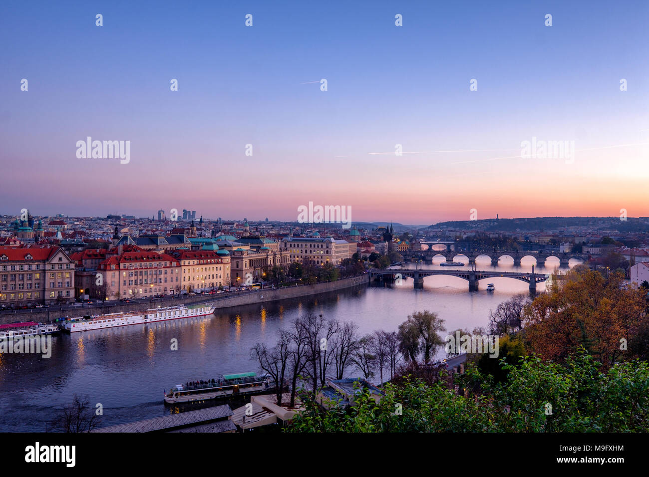 Panorama of the old part of Prague from the Letna park at dusk ...