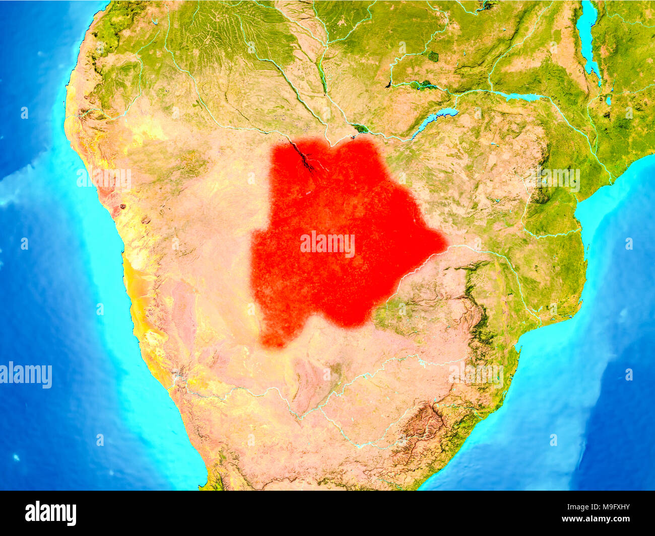 Botswana highlighted in red on planet Earth. 3D illustration. Elements of this image furnished ...