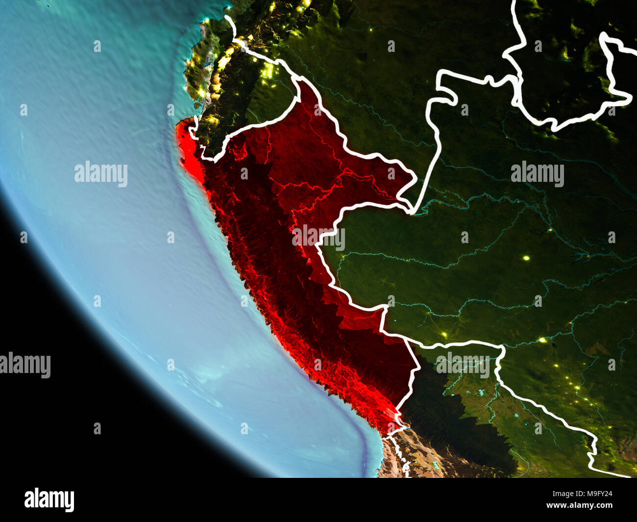 Peru from orbit of planet Earth at night with highly detailed surface ...