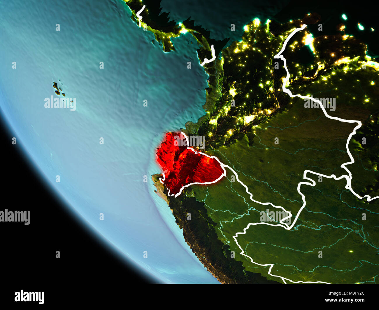 Ecuador from orbit of planet Earth at night with highly detailed ...