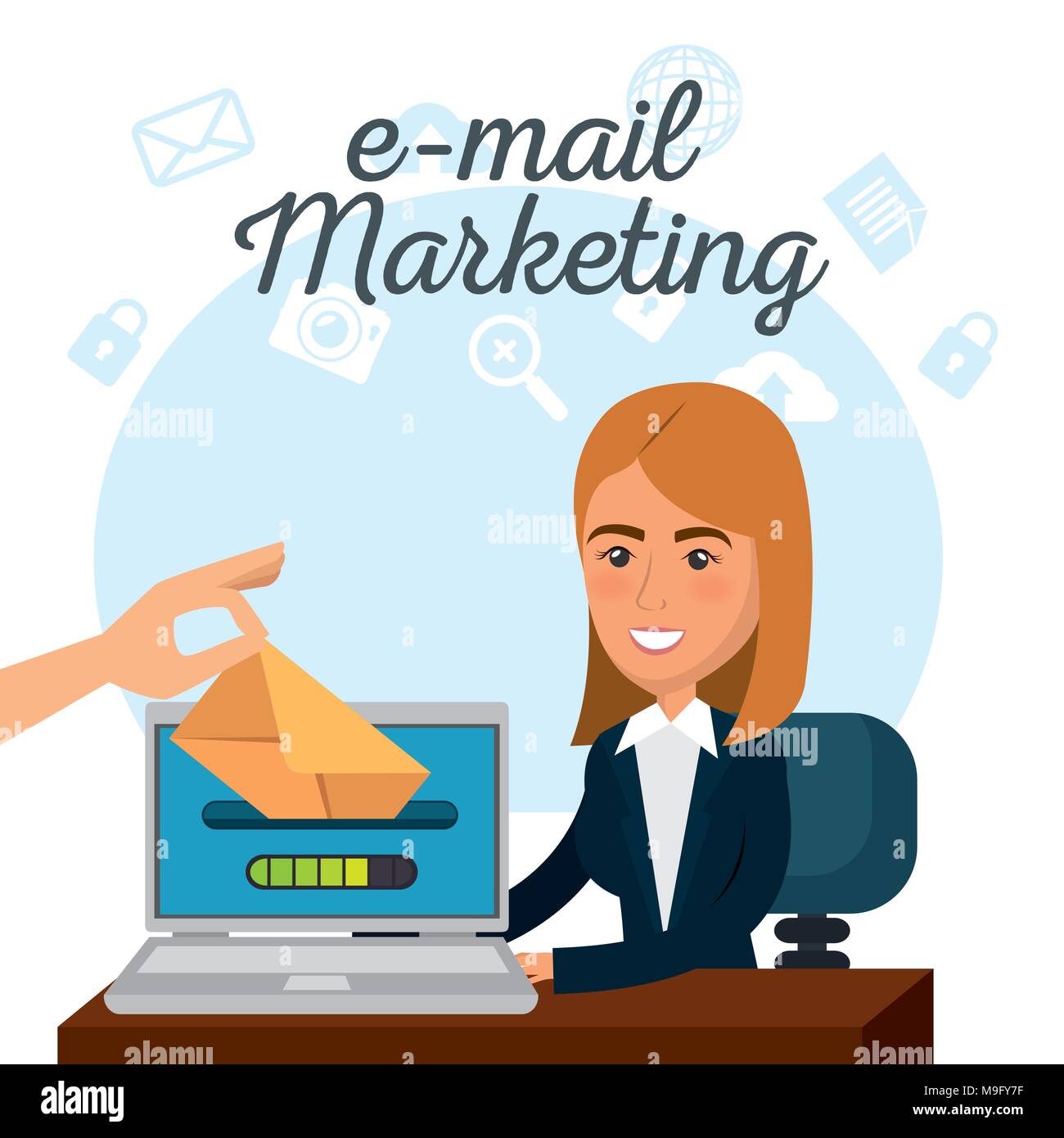 businesswoman in the office with e-mail marketing icons Stock Vector ...