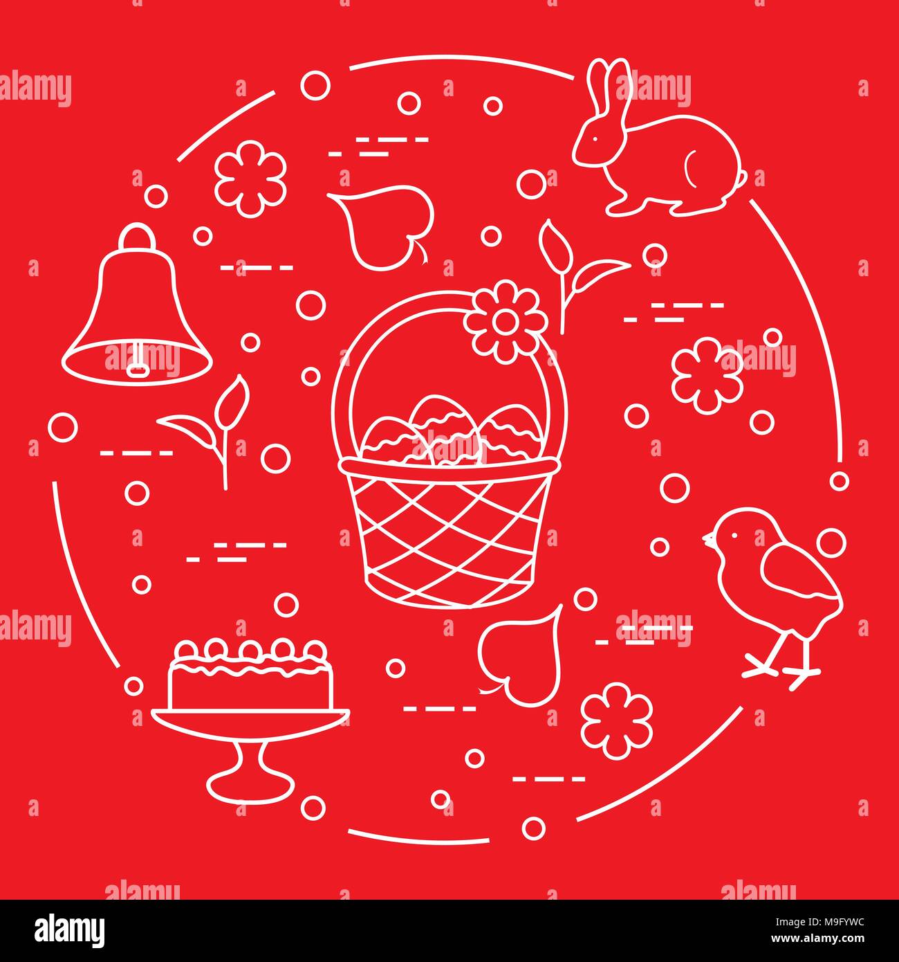 Easter symbols. Simnel cake, basket, eggs, bell, rabbit, chick, flowers ...