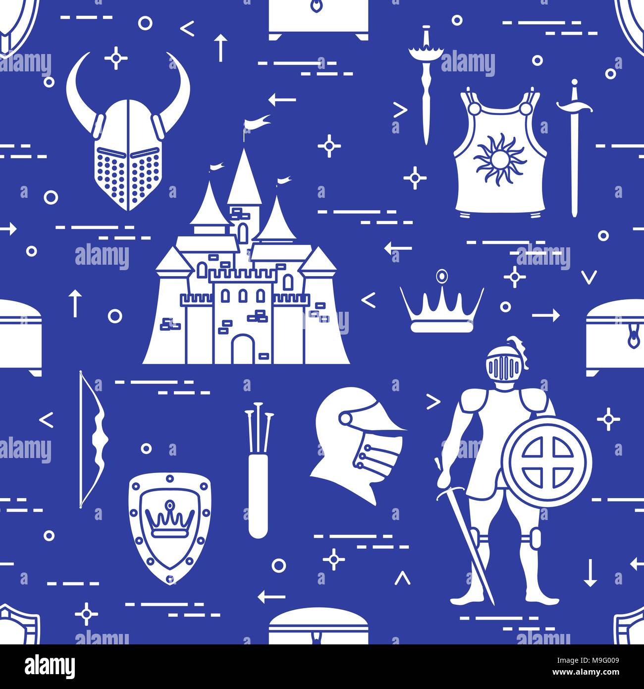 Seamless pattern with knight, castle, shields, swords, cuirass, helmet ...
