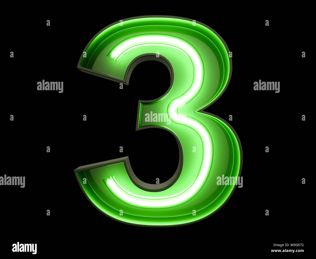 Neon green light glowing digit alphabet character 3 three font. Front ...