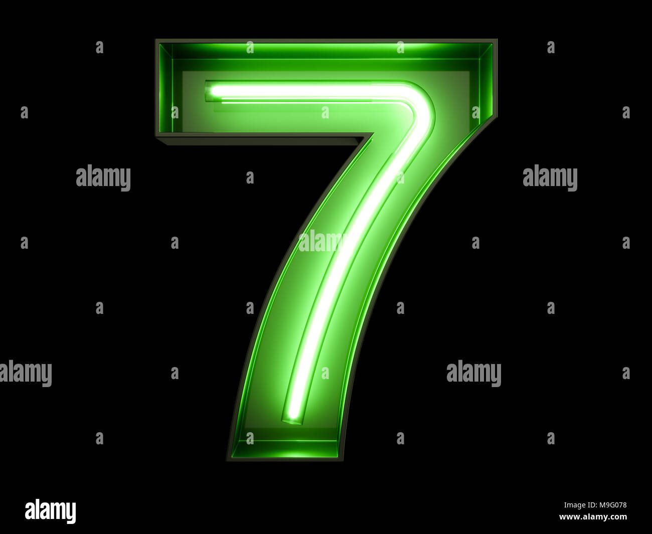 Neon green light glowing digit alphabet character 7 seven font. Front ...