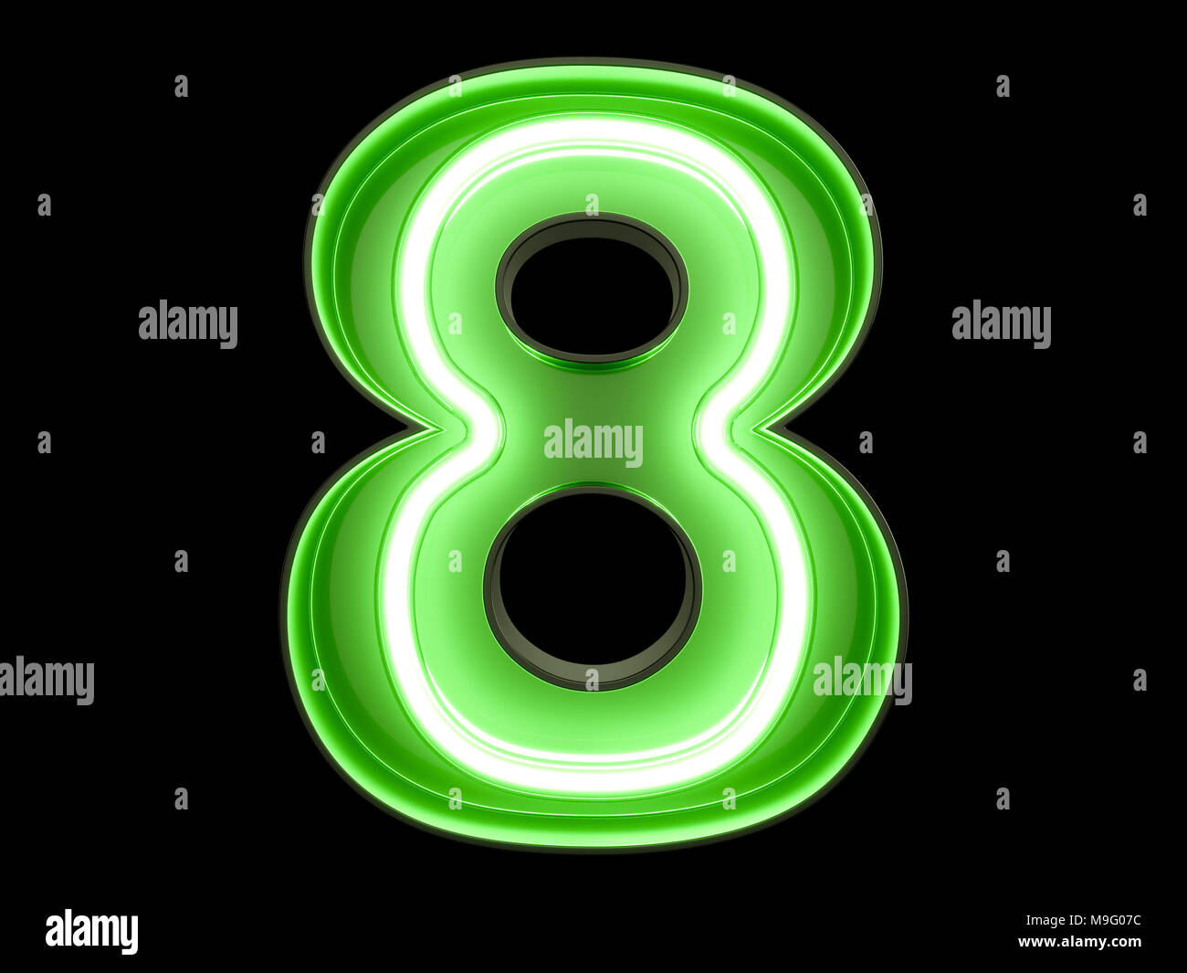 Neon green light glowing digit alphabet character 8 eight font. Front ...