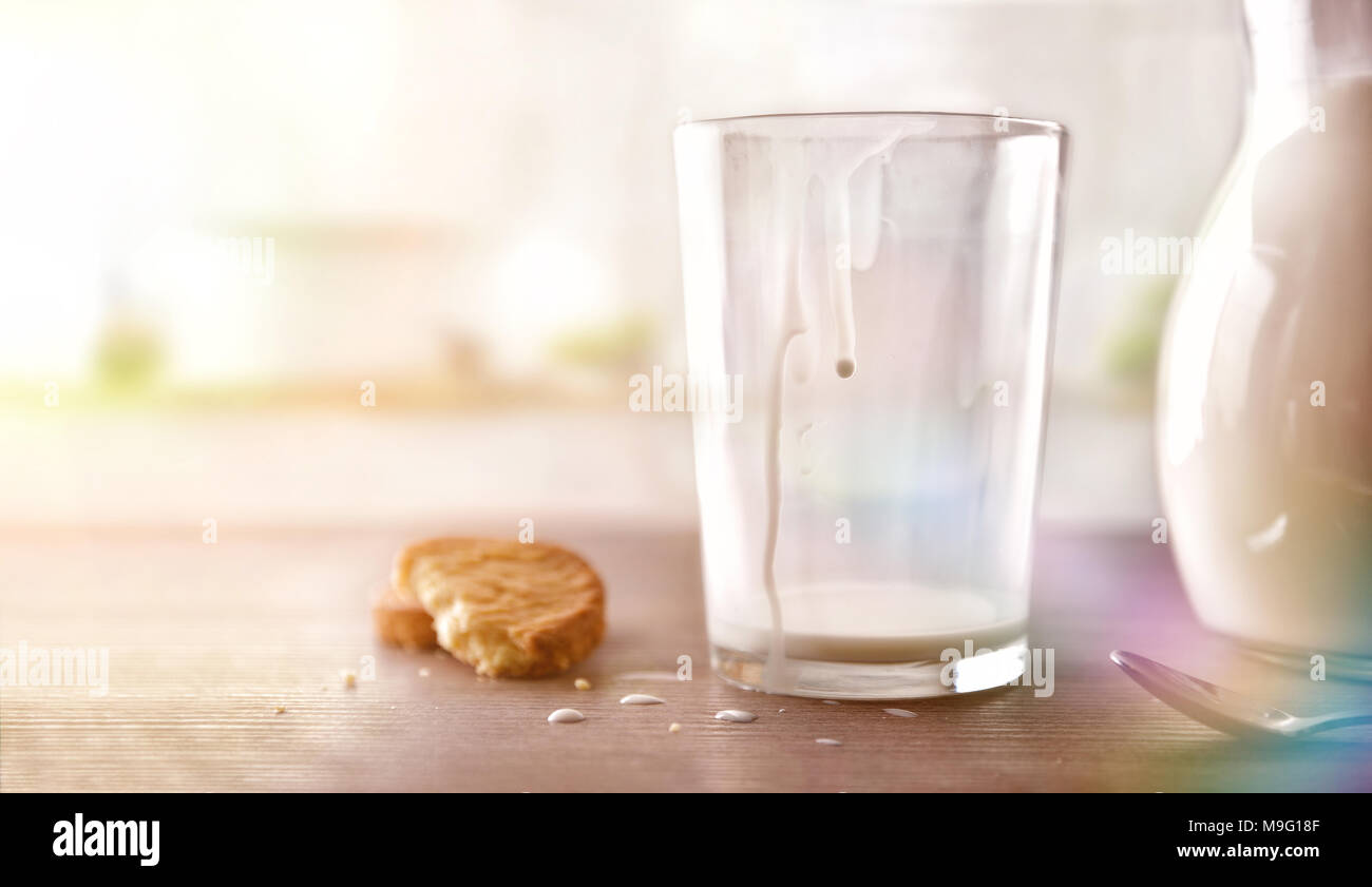 Glass of milk for breakfast finished drinking on brown wooden table in ...